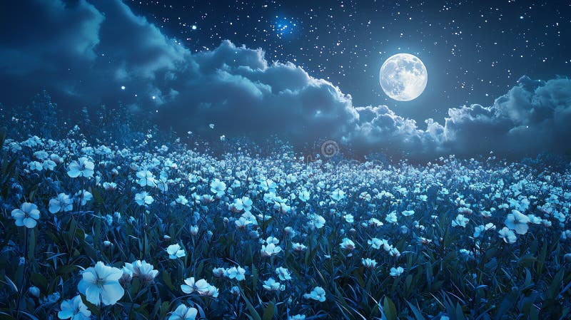Moonlit Flower Field Under a Starry Night Sky, Serene Landscape Stock ...