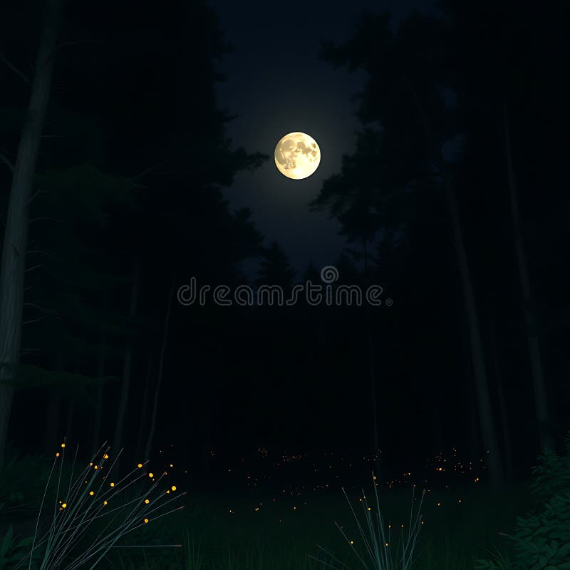 A Moonlit Forest Clearing with Fireflies Glowing Softly in the Dark ...