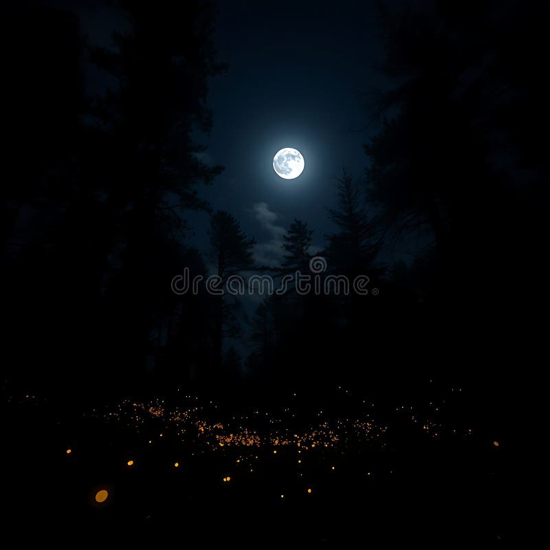 A Moonlit Forest Clearing with Fireflies Glowing Softly in the Dark ...