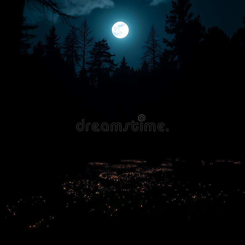 A Moonlit Forest Clearing with Fireflies Glowing Softly in the Dark ...