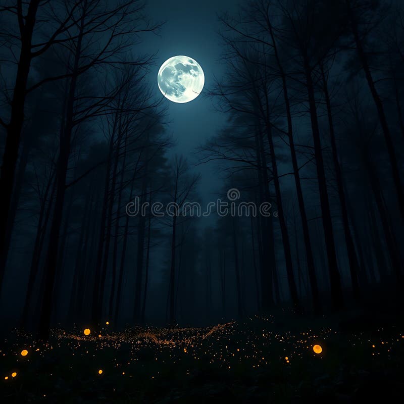 A Moonlit Forest Clearing with Fireflies Glowing Softly in the Dark ...