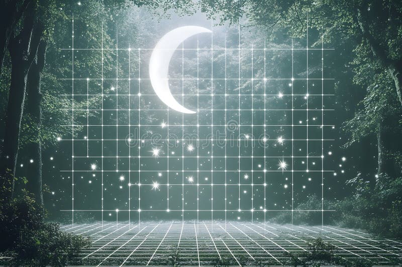 Moonlit Forest Clearing with Glowing Grid Pattern and Celestial Accents ...