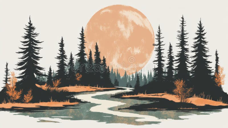 Moonlit Forest Landscape with Full Moon and Reflective Water Stream ...