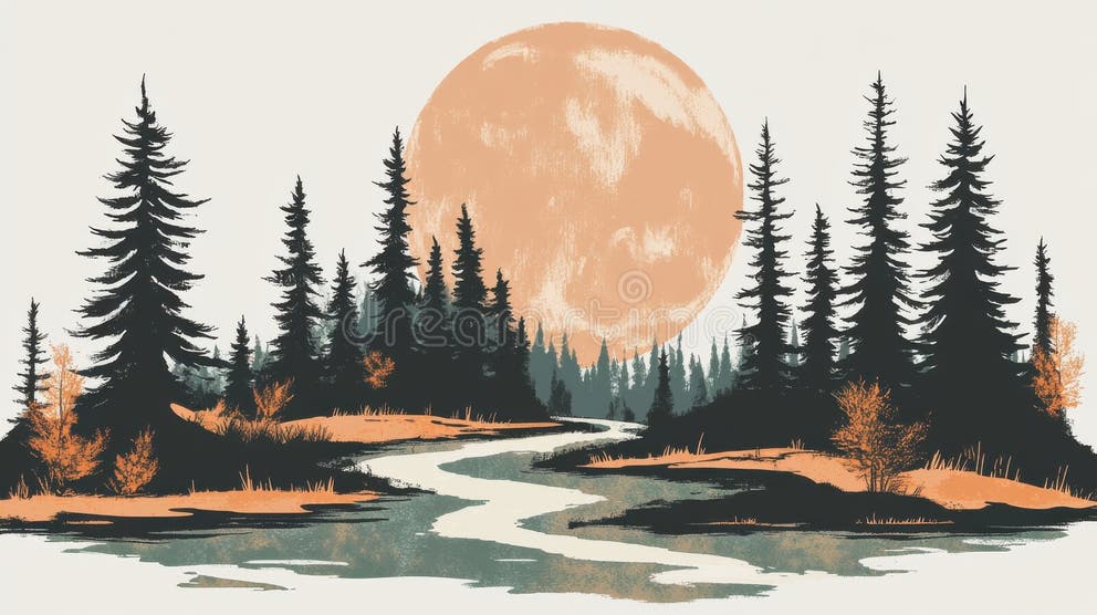 Moonlit Forest Landscape with Full Moon and Reflective Water Stream ...