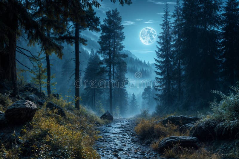 Moonlit forest at night stock illustration. Illustration of serene ...