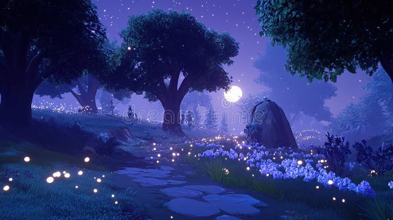Moonlit Forest Path, Glowing Flora, Night Scene, Game Asset Stock Photo ...