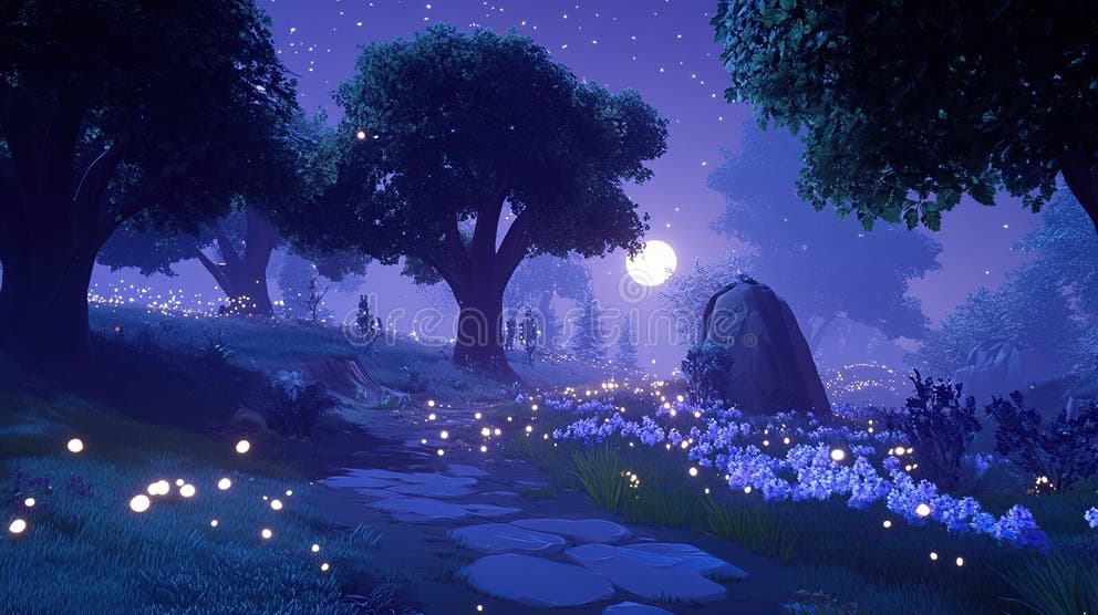 Moonlit Forest Path, Glowing Flora, Night Scene, Game Asset Stock Photo ...