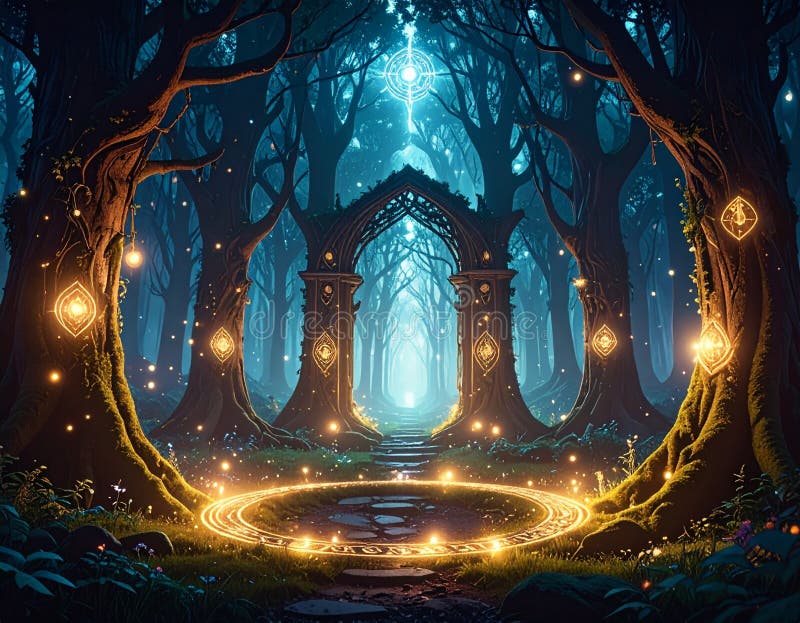 Enchanted Forest Portal Glowing with Runes and Lights Stock ...