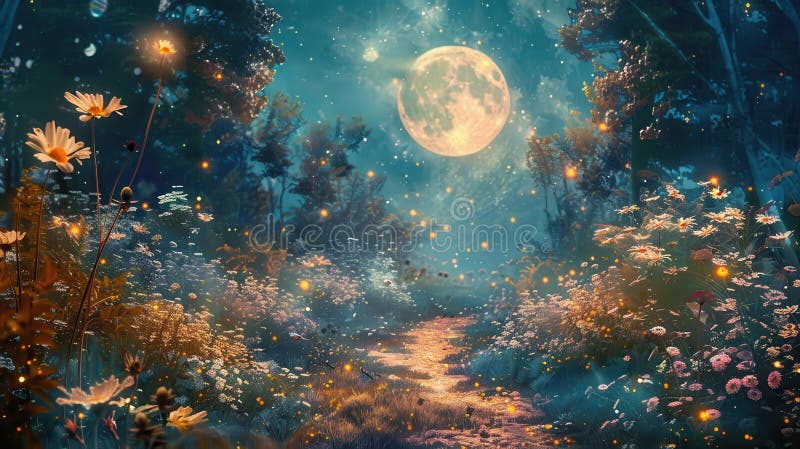 A Moonlit Forest with a Path Leading through it Stock Image - Image of ...