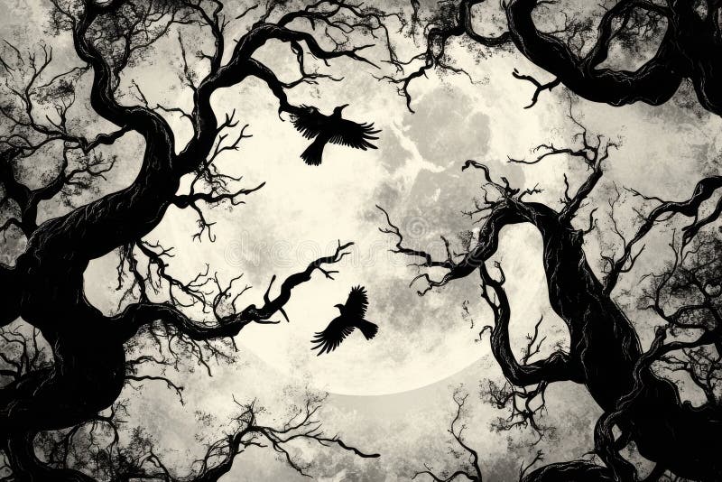 Moonlit Forest Ravens stock illustration. Illustration of stellar ...