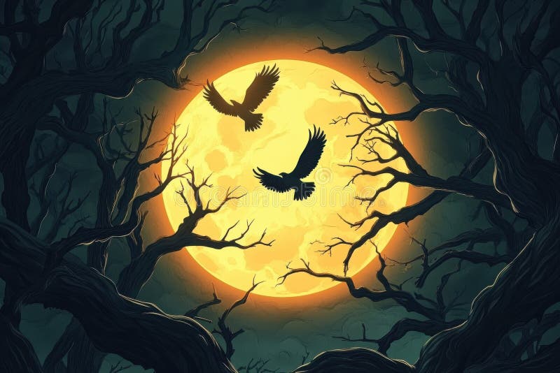 Moonlit Forest with Ravens stock illustration. Illustration of ...