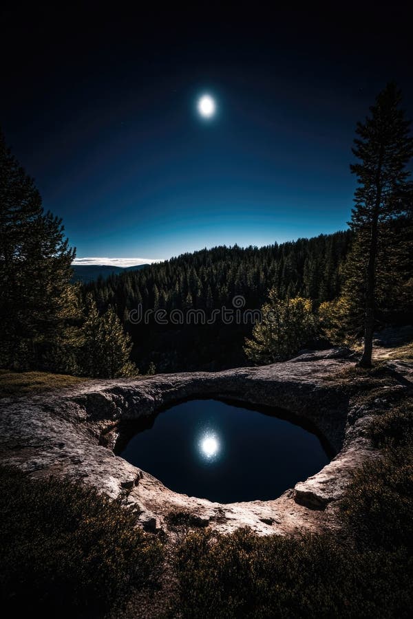 Moonlit Forest Reflections: Tranquil Night Landscape with Pond and ...