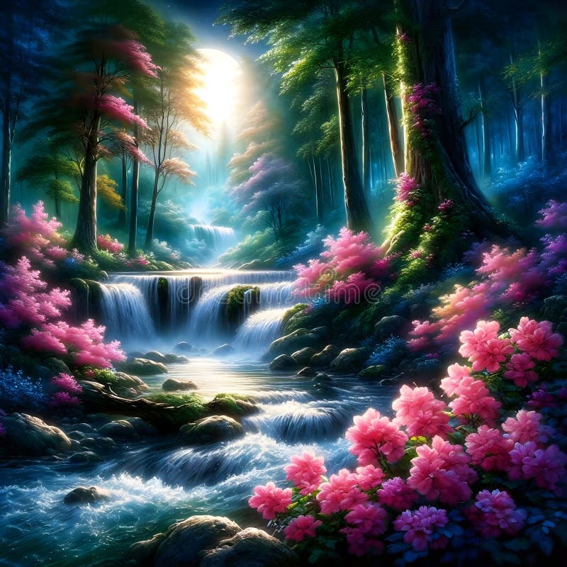 A Moonlit Forest Scene with a Cascading Waterfall. Stock Image - Image ...
