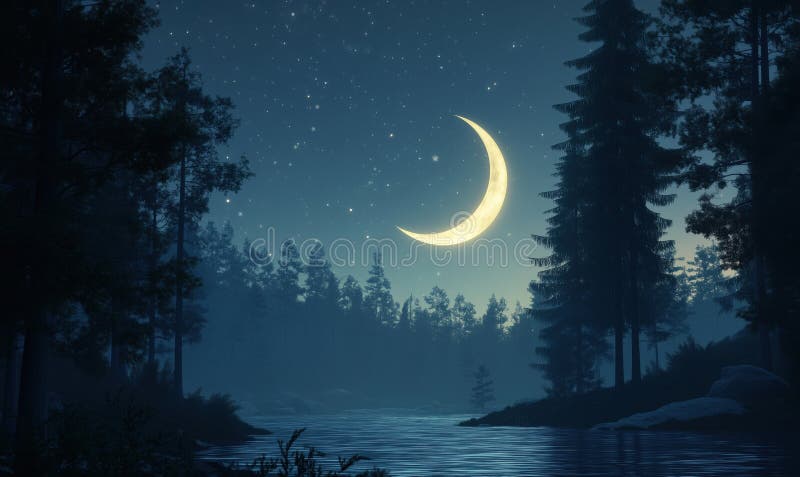 Moonlit Forest Scene with Crescent Moon, Stars, and Tranquil River ...