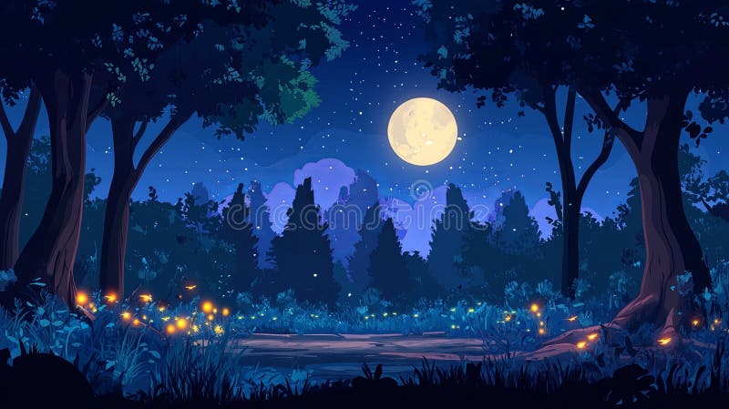 Moonlit Forest Scene with Fireflies Glowing in the Dark Stock ...