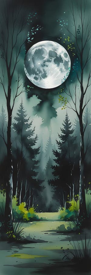 Moonlit Forest Scene with a Winding Path Stock Illustration ...