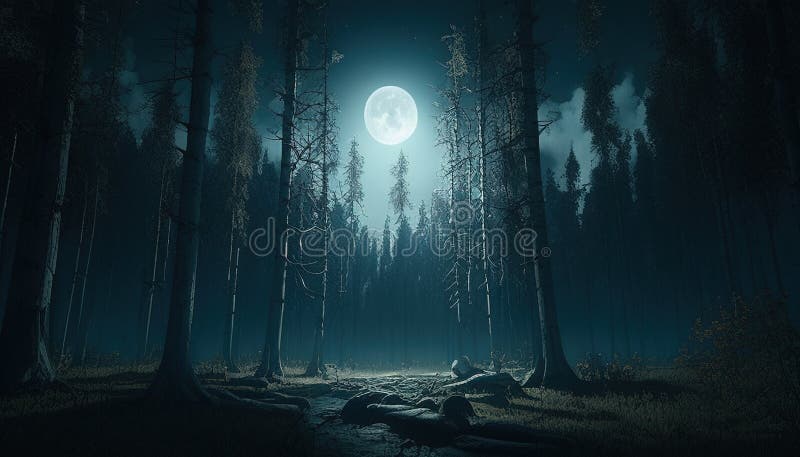Moonlit Forest with Tall Trees Digital Art Illustration, Generative AI ...