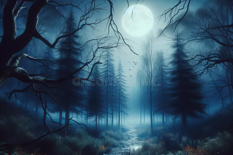 Moonlit Forest with Trees and a River Stock Image - Image of shadow ...