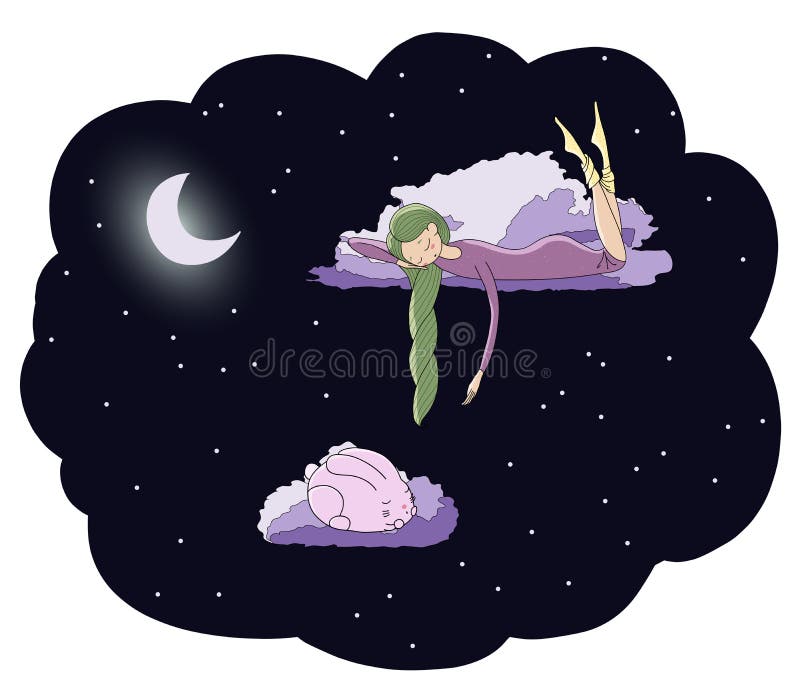 Moonlit girl with rabbit stock vector. Illustration of closed - 92660459