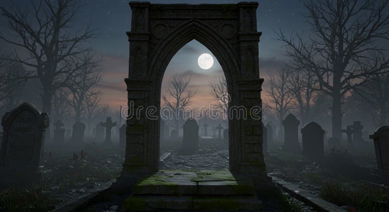 Moonlit Gothic Graveyard Archway at Twilight Stock Illustration ...