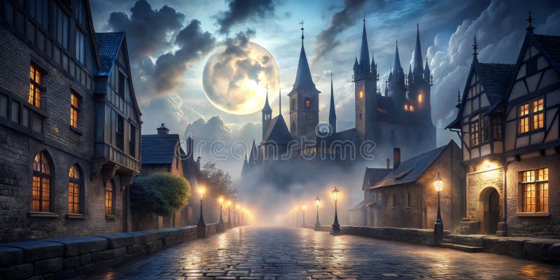 Moonlit Gothic Town Cobblestone Street, Night Scene Stock Illustration ...