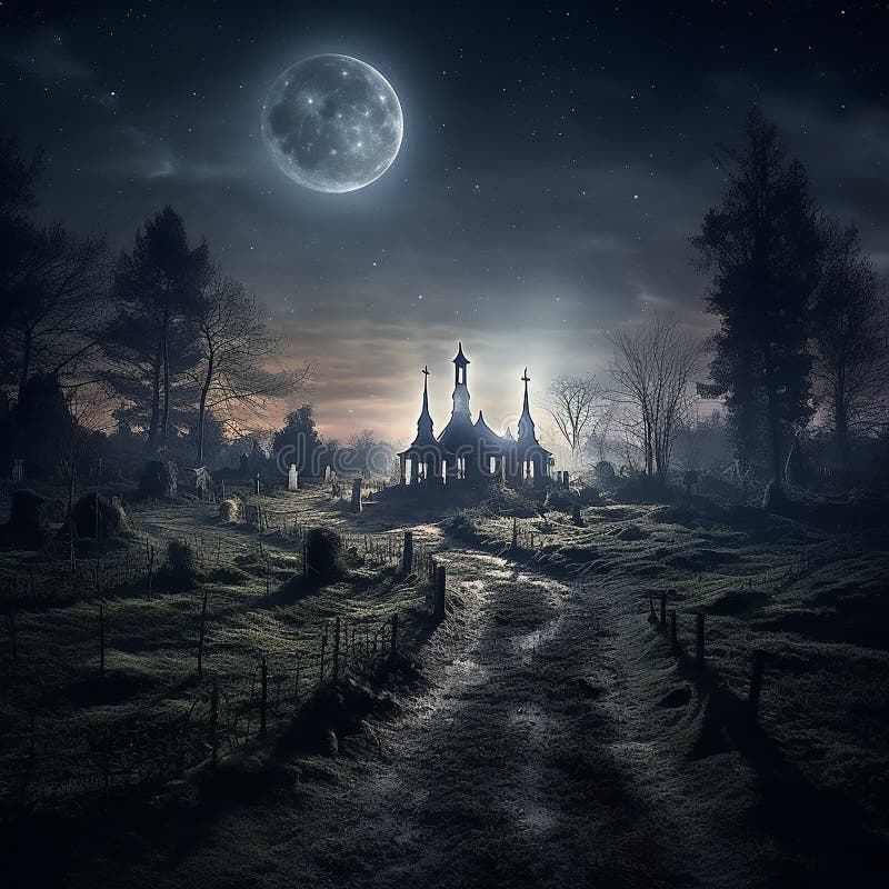 Moonlit Graveyard Scene with Gravestones. Stock Illustration ...