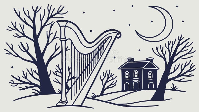 Moonlit Harmony Harp, Tree, and House by Night, Vector Design ...
