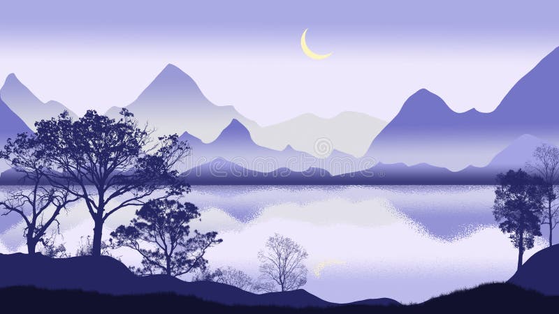 Moonlit lake stock illustration. Illustration of reflection - 198208855