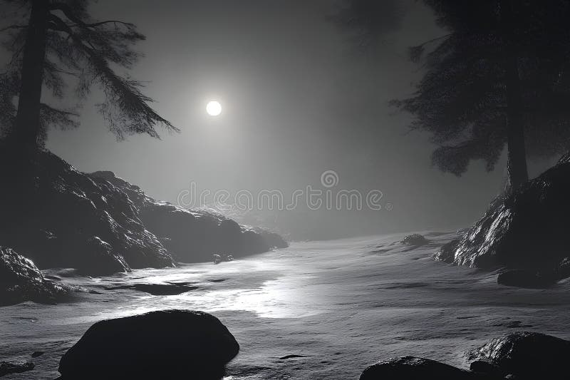 Moonlit Landscape Reveals a Serene Night with Shadows Cast by Trees and ...