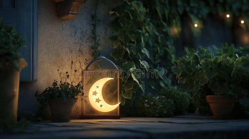 Moonlit Lantern Glows on Patio, Ivy Backdrop, String Lights Stock Photo ...
