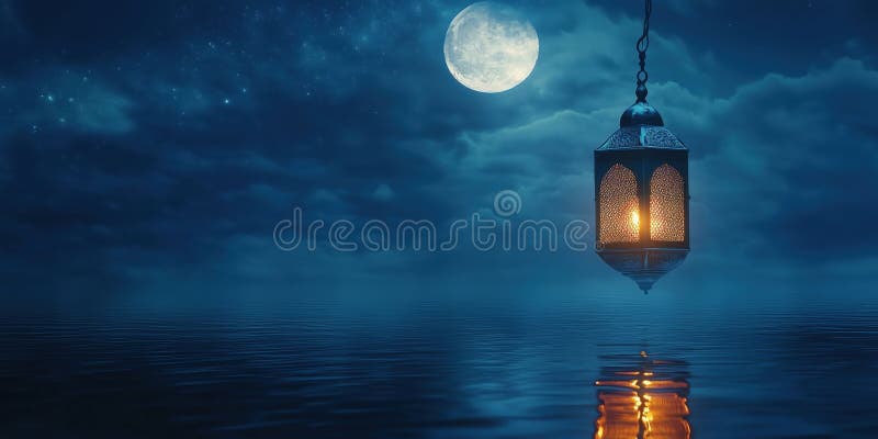 Moonlit Lantern Reflecting on Tranquil Water Surface, Surrounded by ...