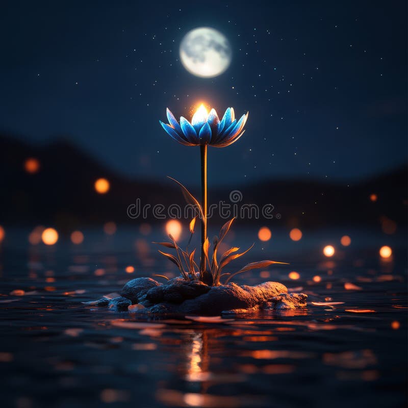 Peaceful Lotus Flower Floating Moonlit Pond Stock Photos - Free ...