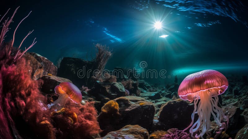 Undersea Spectacle: Colorful Coral and Jellyfish Shine Under Fullmoon ...