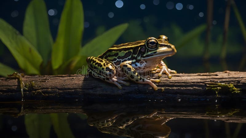 Moonlit Magic: Southern Leopard Frog on a Log with Fireflies Dancing ...