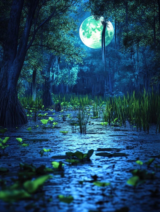 Moonlit Marsh Scene stock photo. Image of silent, trees - 362170260