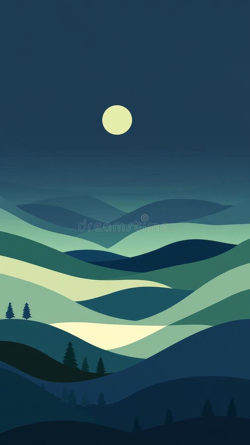 Moonlit Minimalist Landscape with Rolling Hills and Pine Trees at Night ...