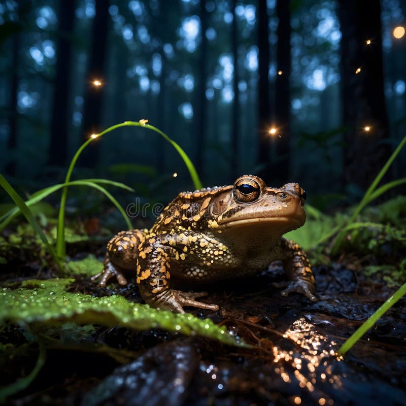 Moonlit Moments: Common Toad in Forest with Fireflies and Wet Ground ...