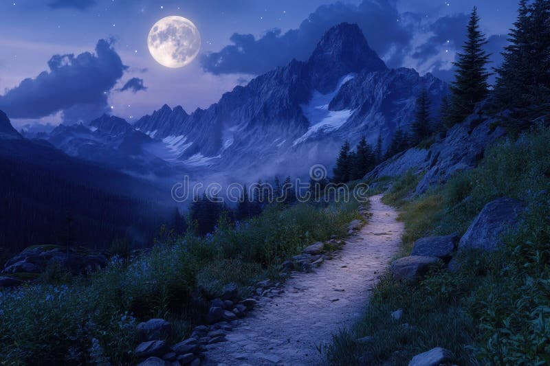 Moonlit Mountain Path Winding through Forest Under Starry Sky at Night ...