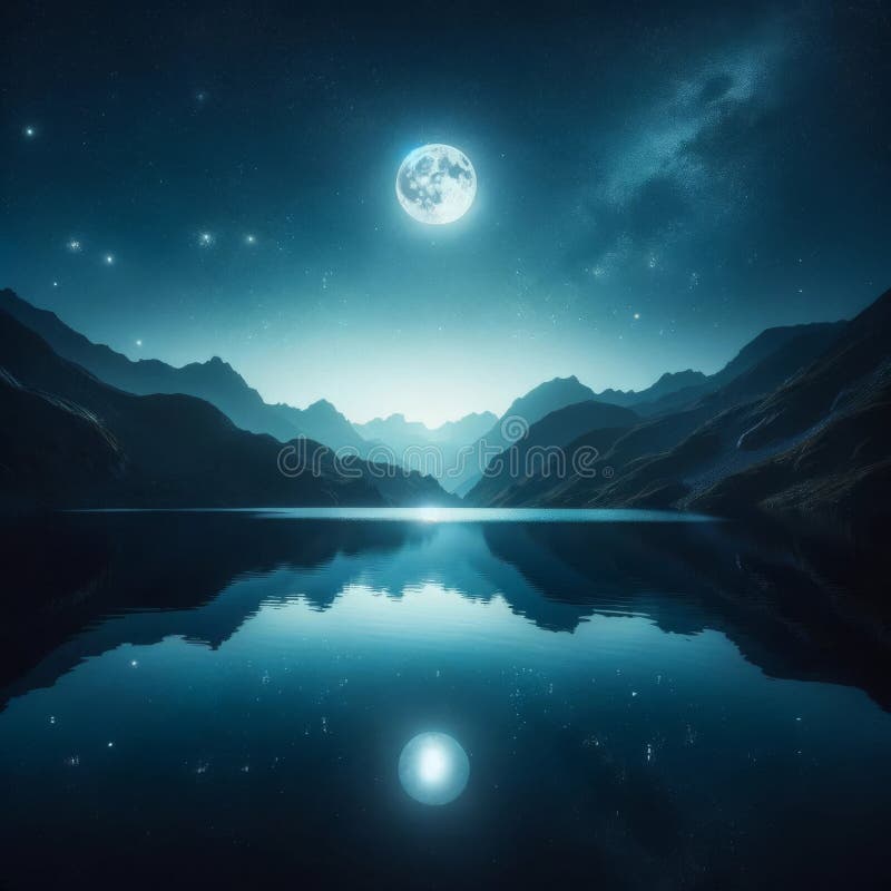 Moonlit Mountains and Reflection Stock Photo - Image of beauty, calm ...
