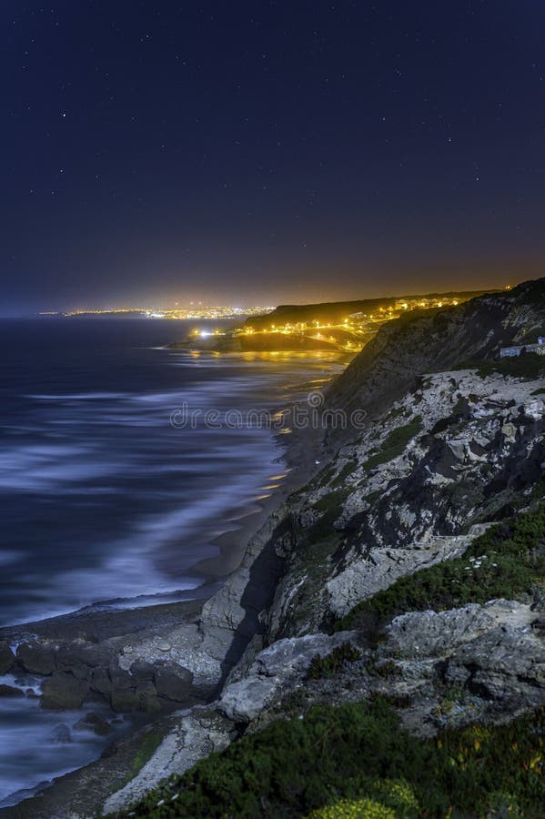 Night View of the Coast, with Backlights and Moonlit Cliffs Stock Image ...