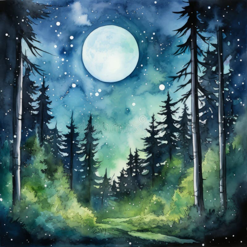 Moonlit Night in the Enchanted Forest AI Generated Stock Illustration ...