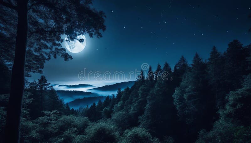 Moonlit Night in the Forest with a View of Clouds and Mountains Illuminated by the Mysterious ...