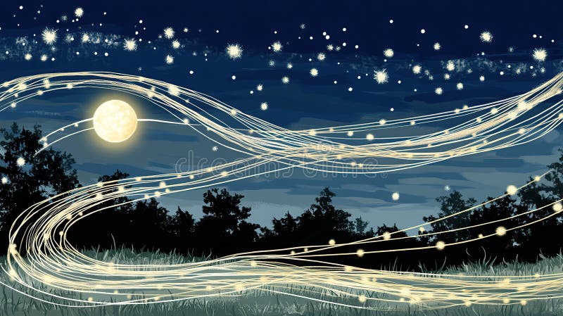 Moonlit Night, Glowing Trails, Forest, Stars, Fantasy Design Stock ...