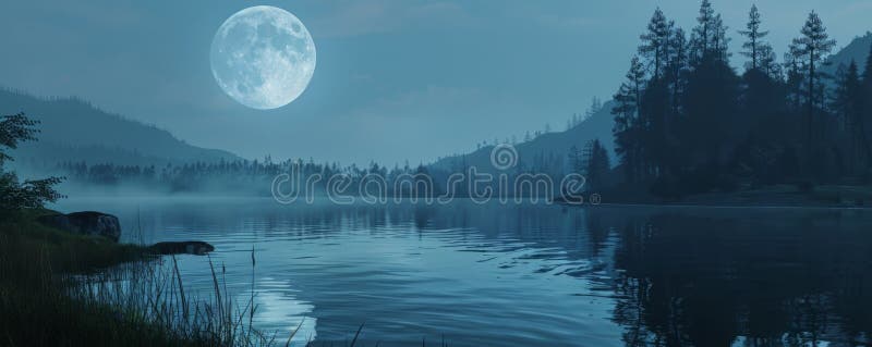 Moonlit Night Over a Misty Forest Lake Stock Image - Image of peaceful ...
