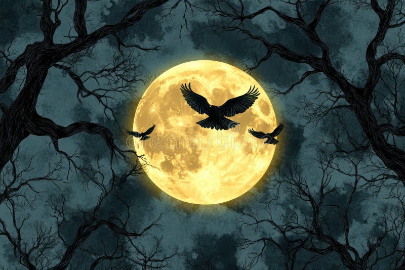 Moonlit Night with Ravens stock illustration. Illustration of dark ...