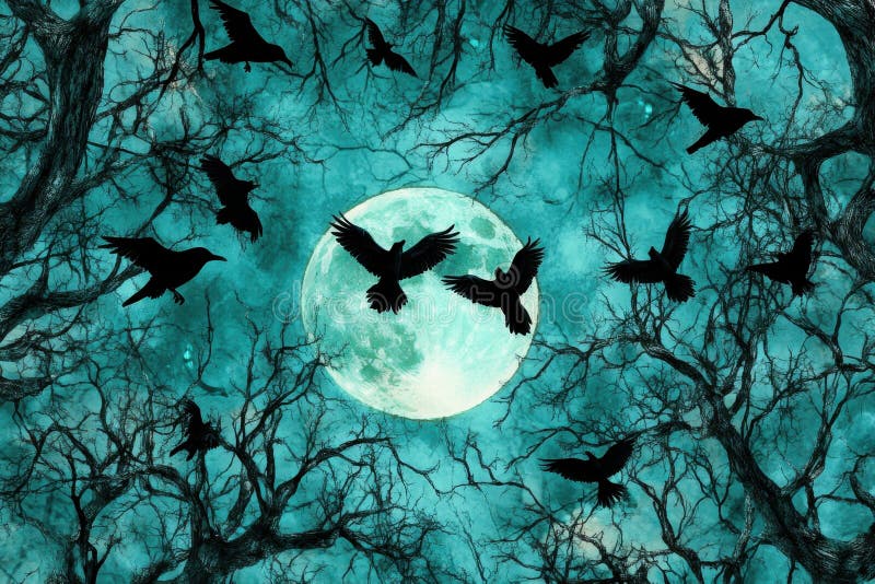 Moonlit Night with Ravens stock illustration. Illustration of flying ...