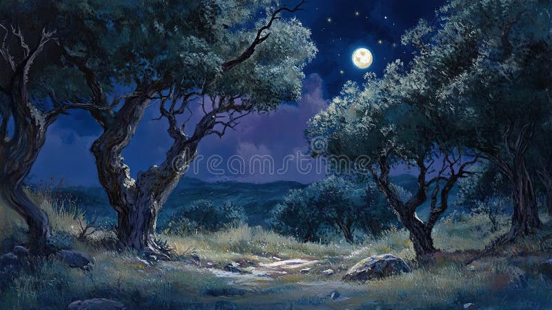 Moonlit Night Scene with Ancient Olive Trees, Hills, and a Path Stock ...