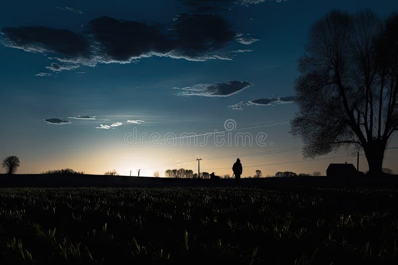 Moonlit Night, with Silhouetted Figure Working in the Fields Stock ...