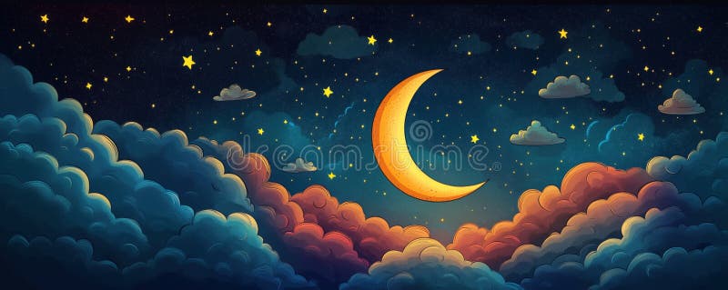 Moonlit Night Sky with Clouds and Stars in Vibrant Colors, Copy Space ...