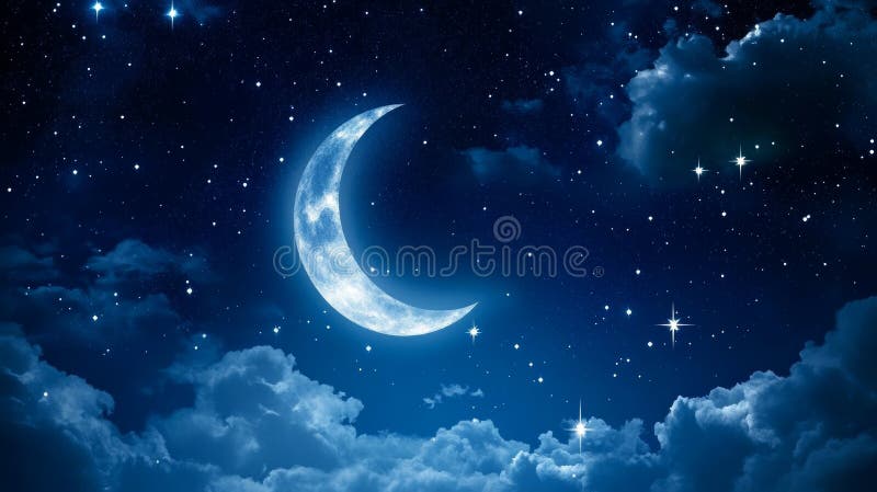 Moonlit Night with Stars Shining through Soft Clouds in a Deep Blue Sky ...